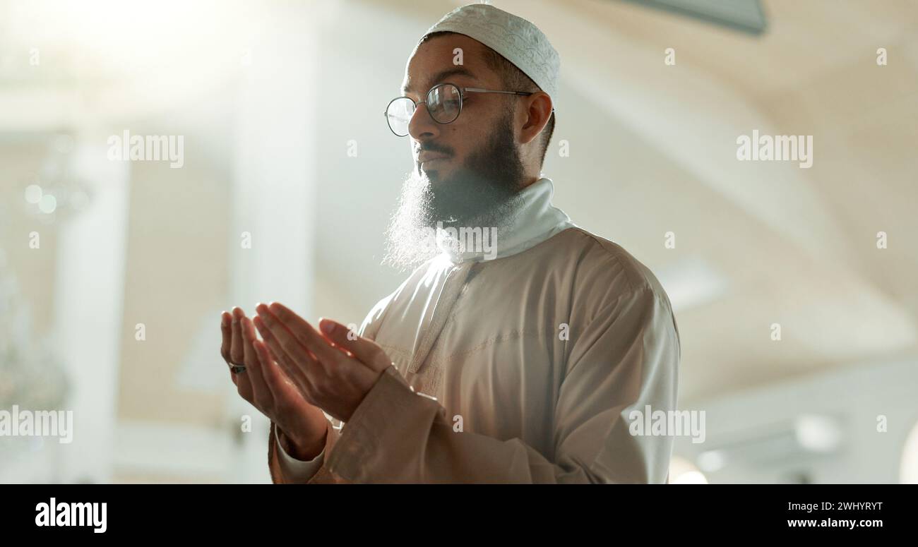 Sunrise, islamic and man praying for faith in mosque for gratitude ...