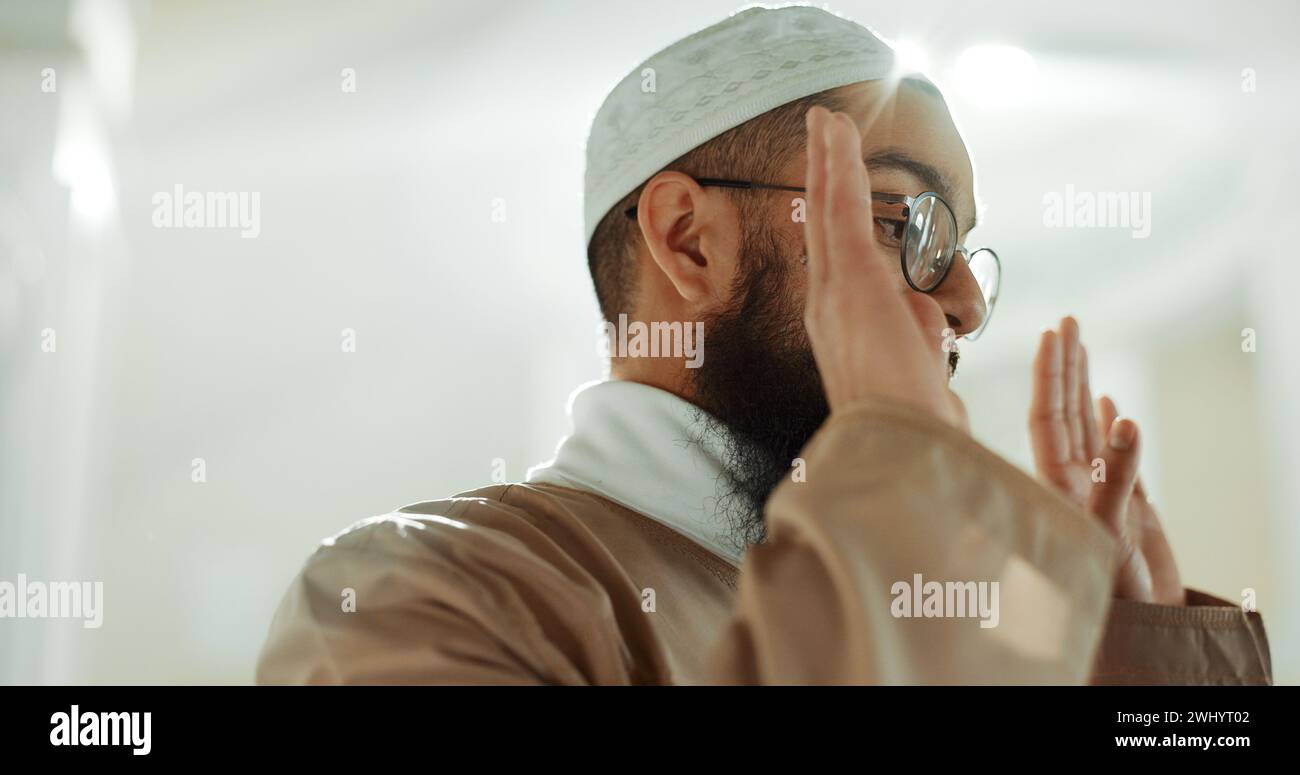 Islamic prayer, faith and man in mosque with gratitude, mindfulness and ...