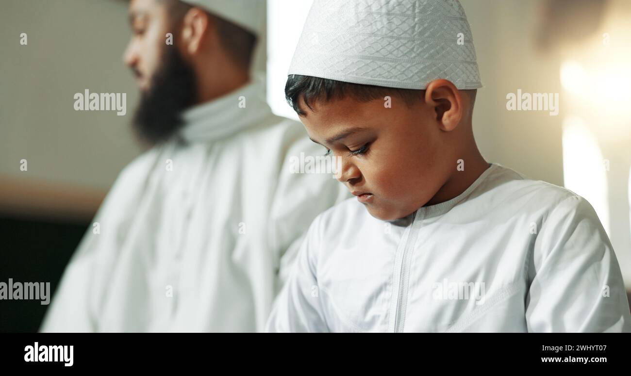 Muslim, praying and man with child in mosque for learning, religious ...