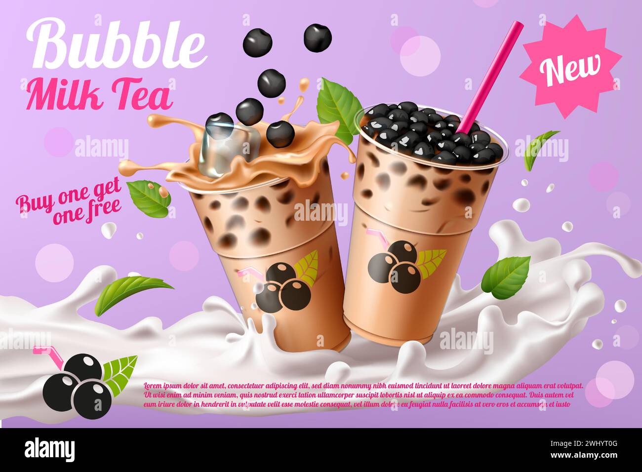 Boba drink. Bubble milk tea with tapioca pearls, asian beverage ad, delicious commercial ...