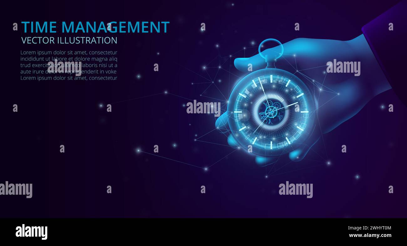 Digital clock. Low poly watch. Time management. Clockwork technology ...