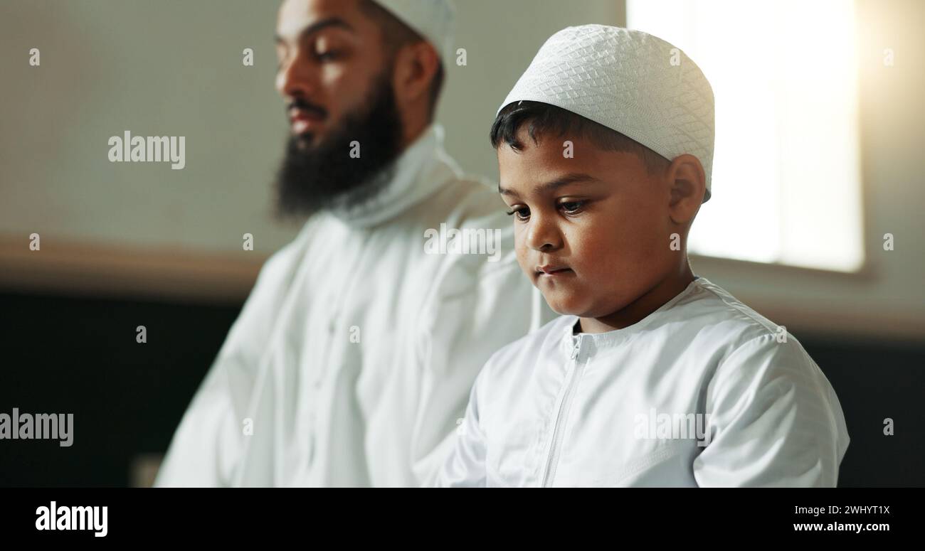 Muslim, praying and man with child in mosque for learning, religious ...