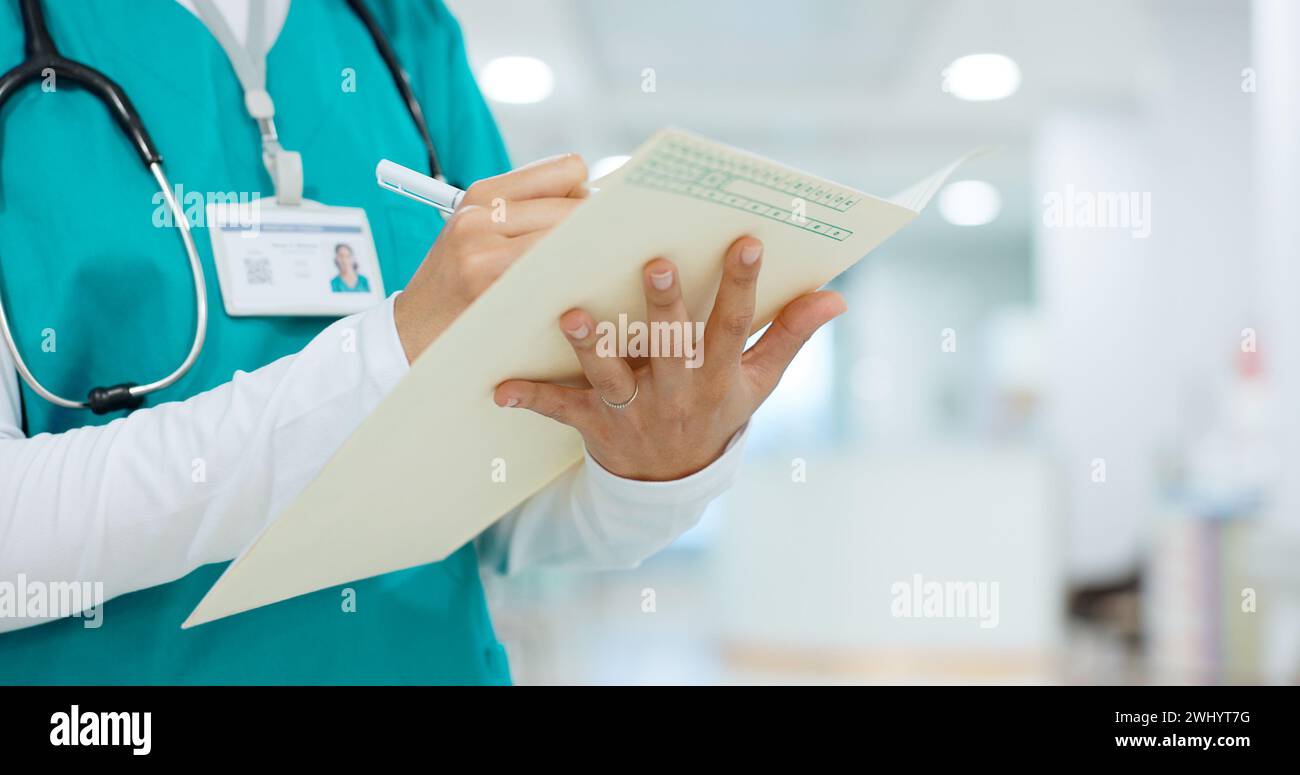 Nurse, writing and hands on folder in hospital or document for ...