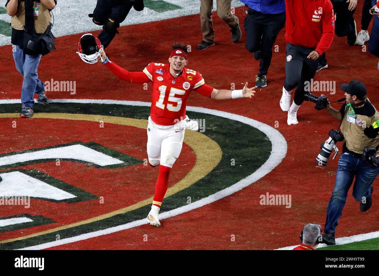 Kansas City Chiefs quarterback Patrick Mahomes (15) celebrates after he ...