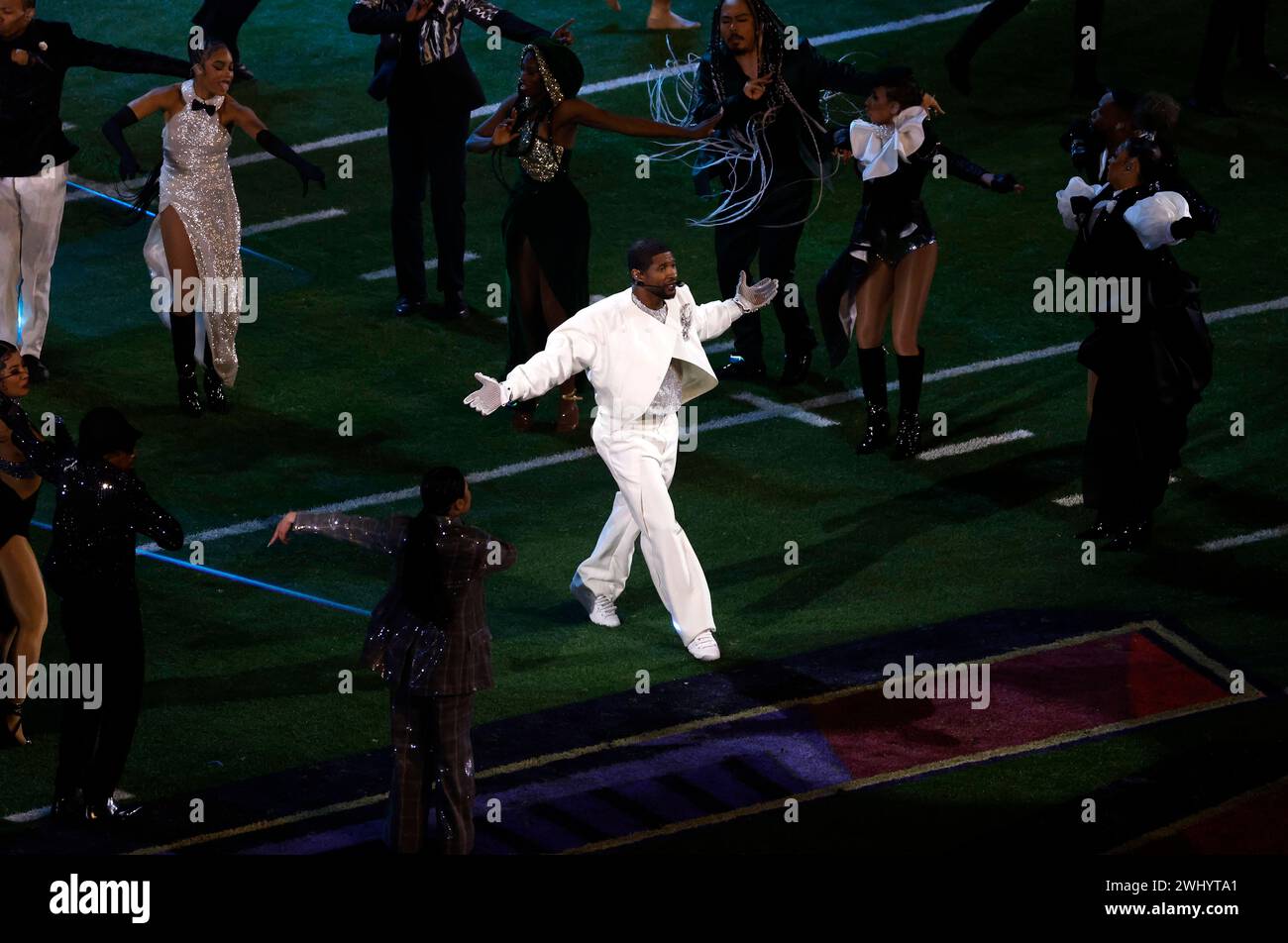 Usher performs during halftime at the NFL Super Bowl 58 LVIII football ...