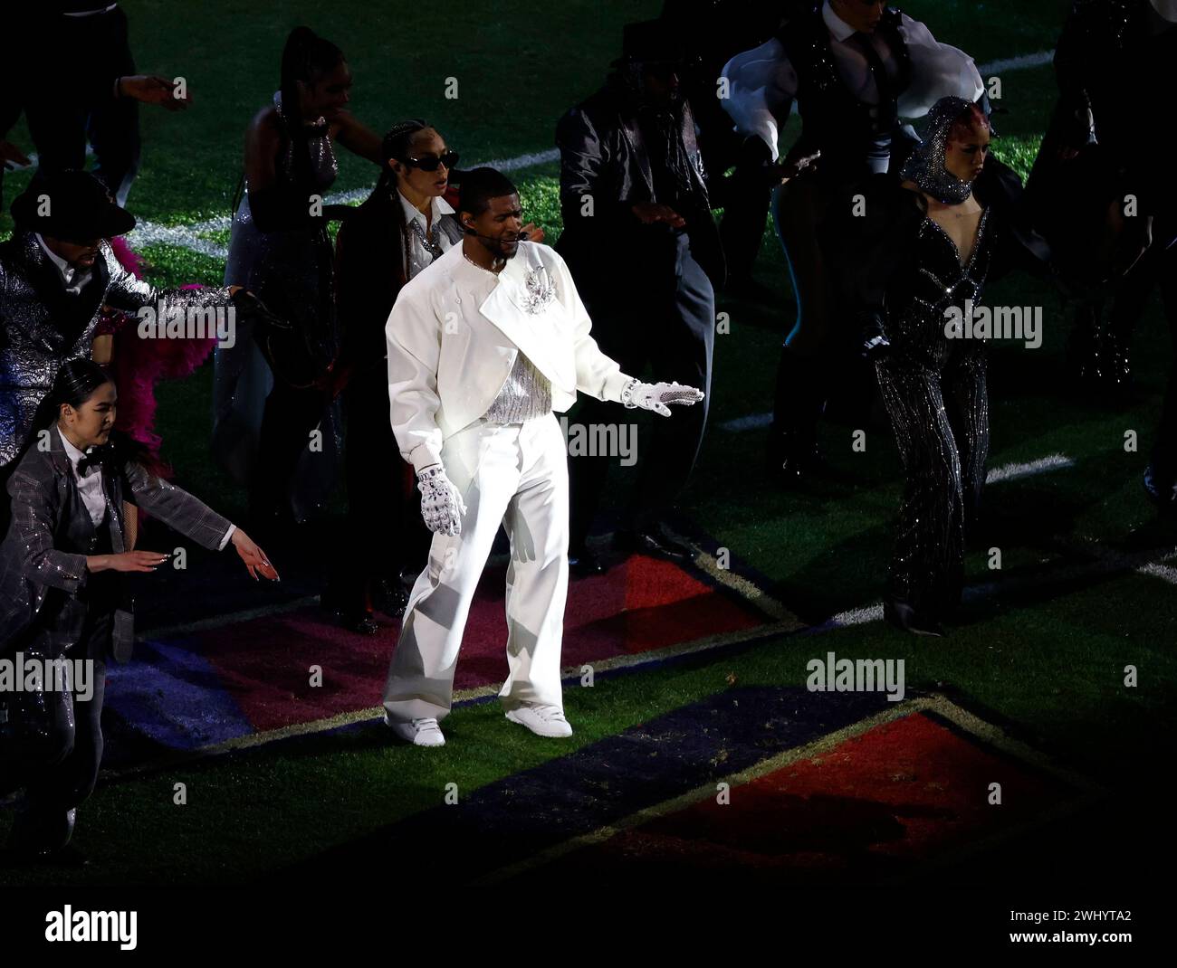 Usher performs during halftime at the NFL Super Bowl 58 LVIII football ...