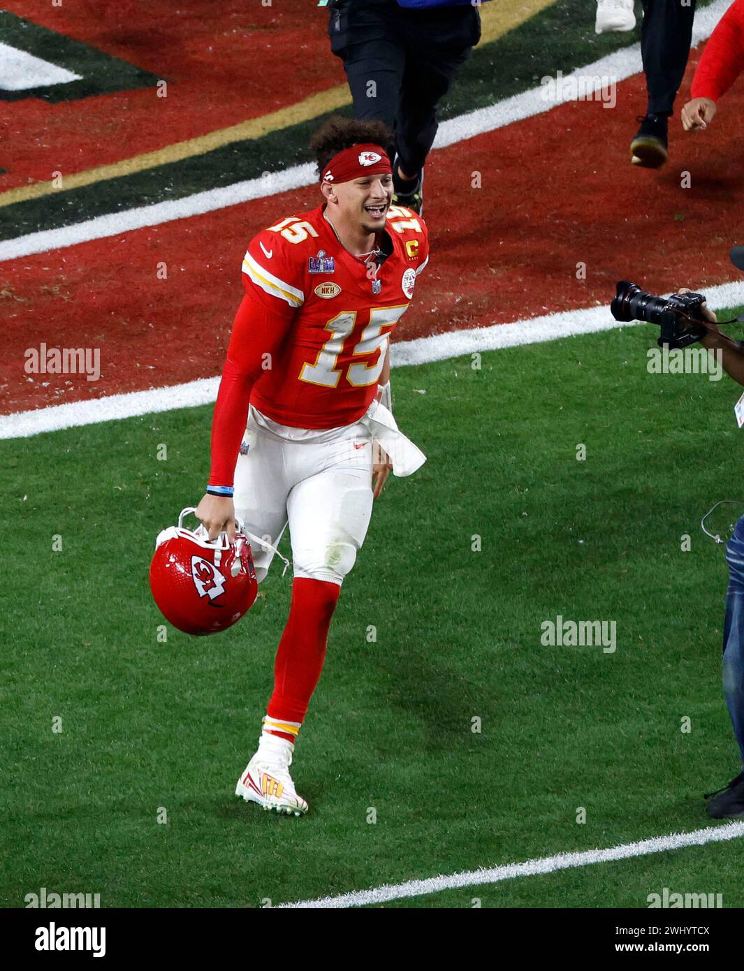 Kansas City Chiefs quarterback Patrick Mahomes (15) celebrates after he ...
