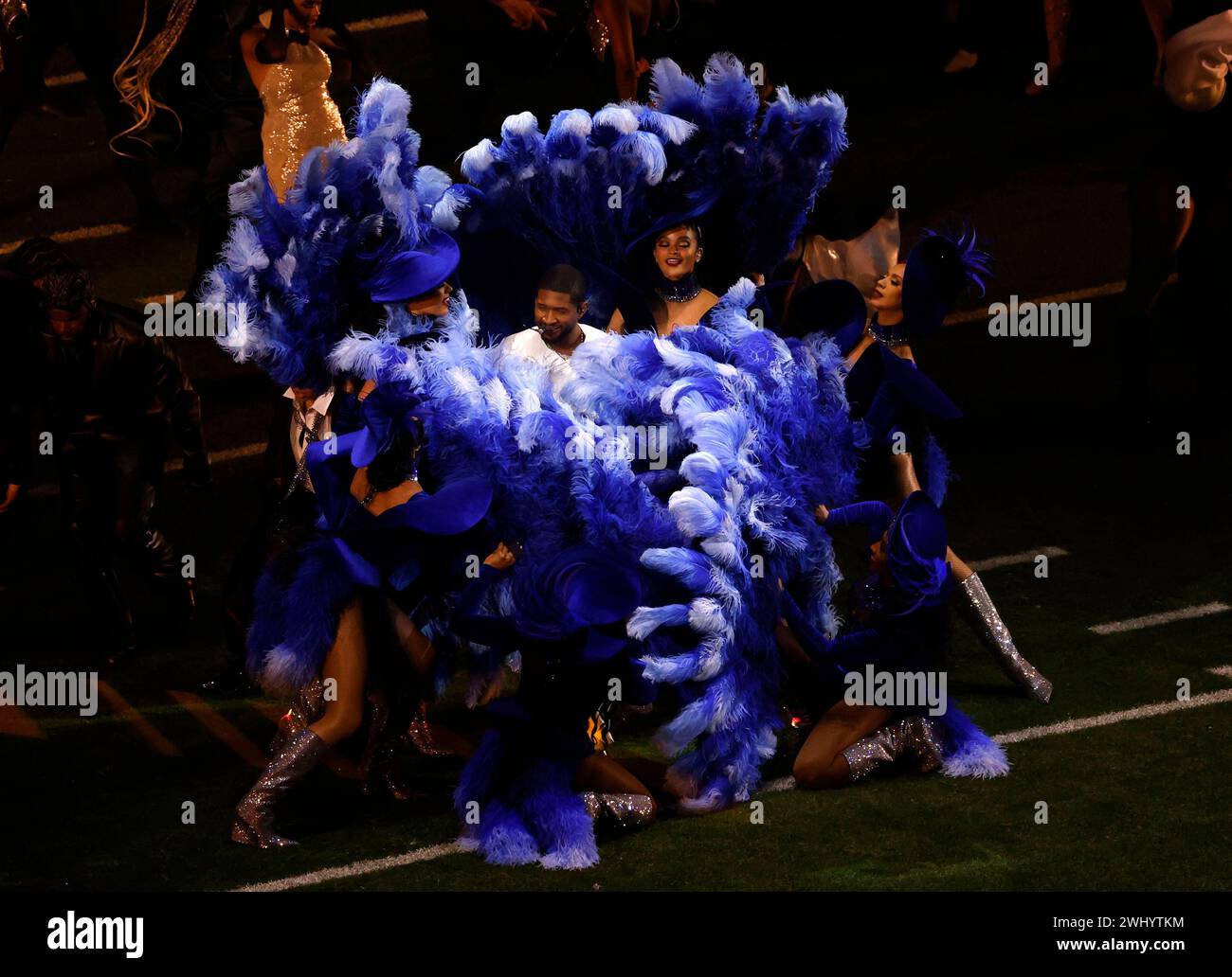 Usher performs during halftime at the NFL Super Bowl 58 LVIII football ...