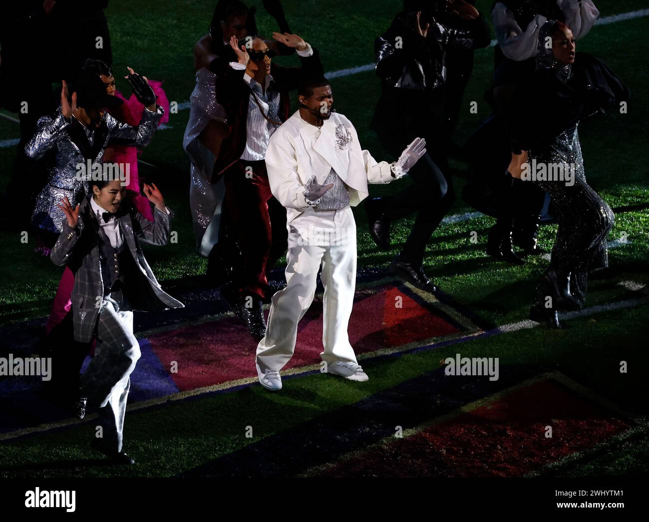 Usher performs during halftime at the NFL Super Bowl 58 LVIII football ...