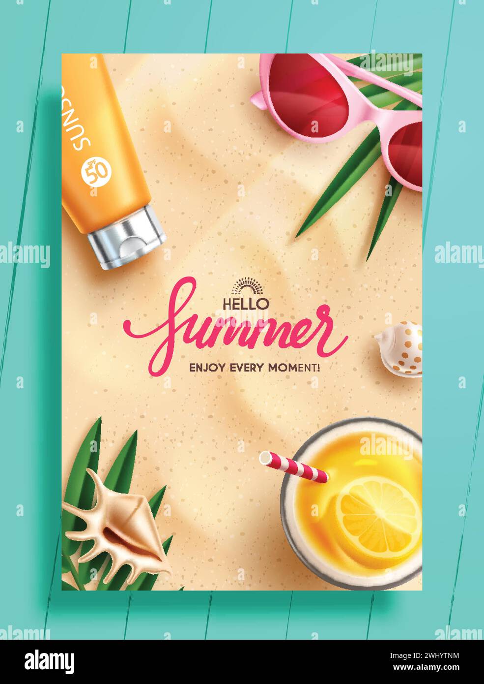 Summer hello vector poster template. Hello summer greeting text with ...