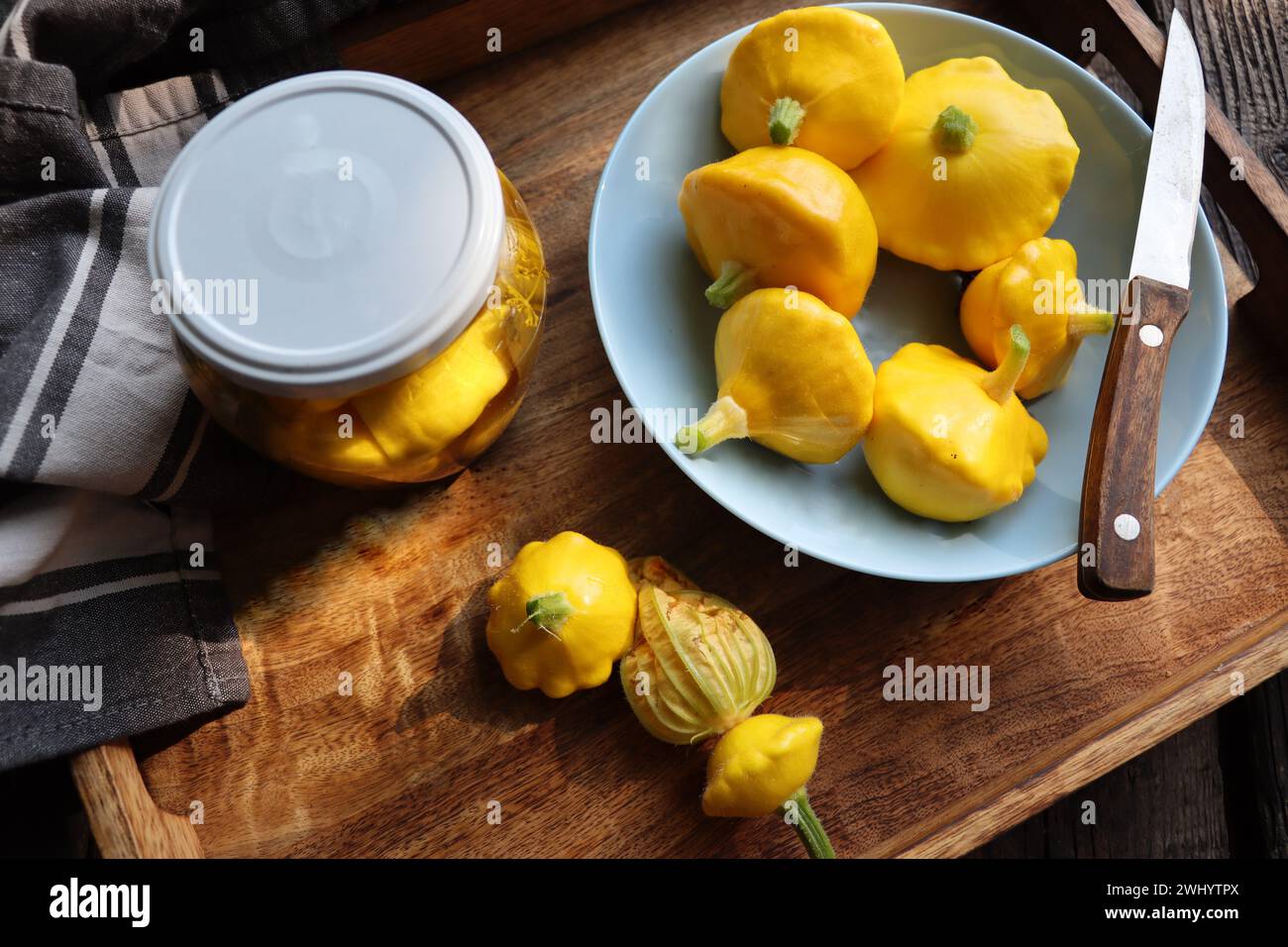 Marinated pattyson. Jar with vegetable preserves Stock Photo - Alamy
