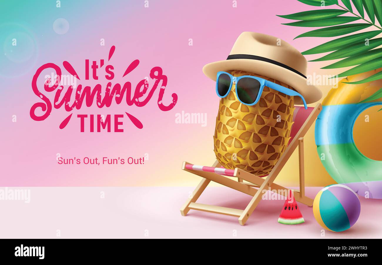 Summer Time Text Vector Design Its Summer Time Greeting With Sitting Pineapple Fruit Wearing