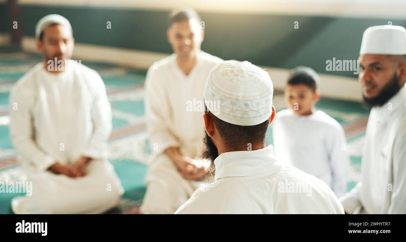 Islam, discussion and group of men in mosque with child, mindfulness ...