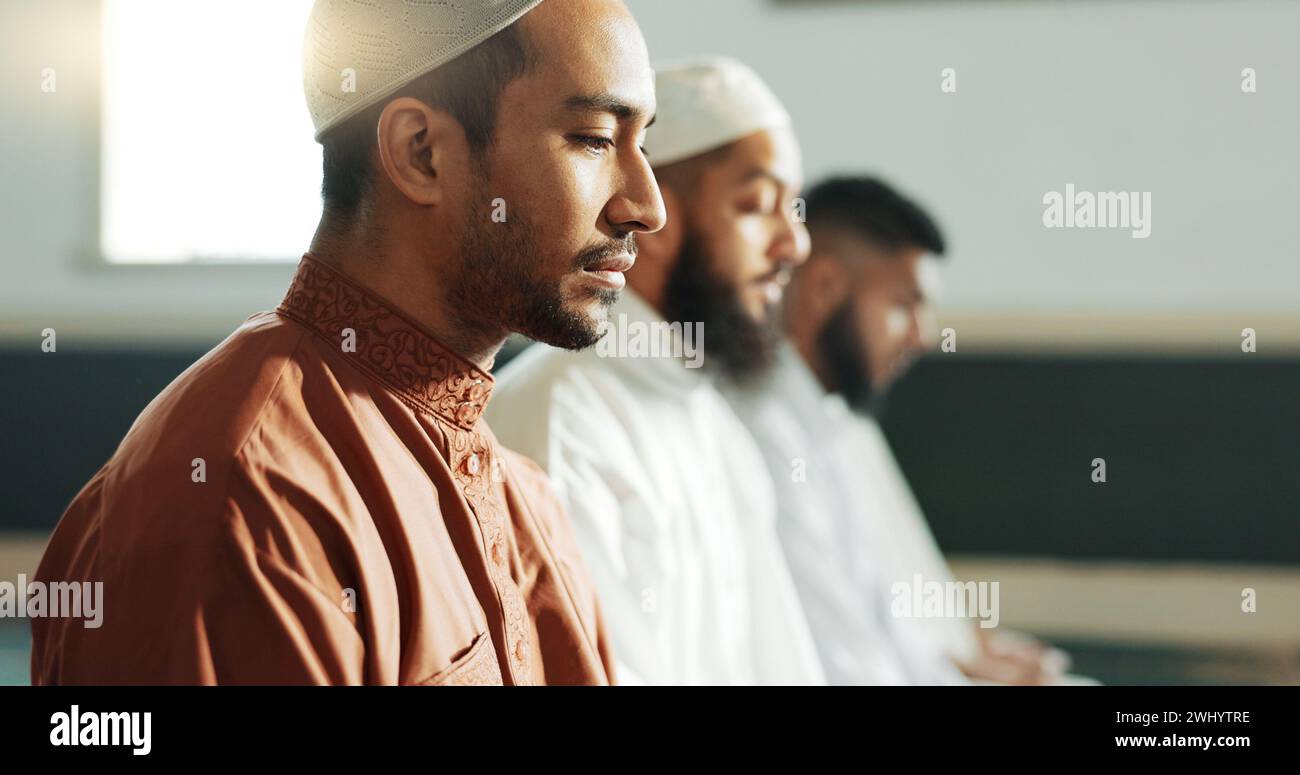 Islamic, praying and men in a Mosque for spiritual religion together as ...