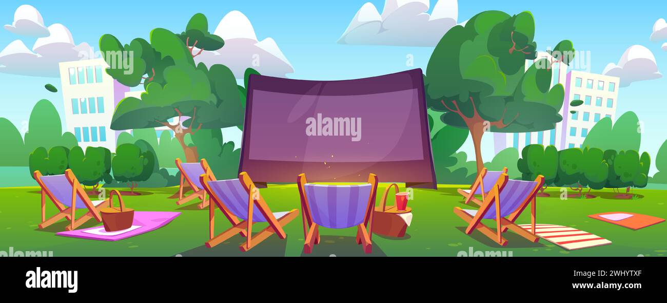 Open air cinema in summer city park. Vector cartoon illustration of ...