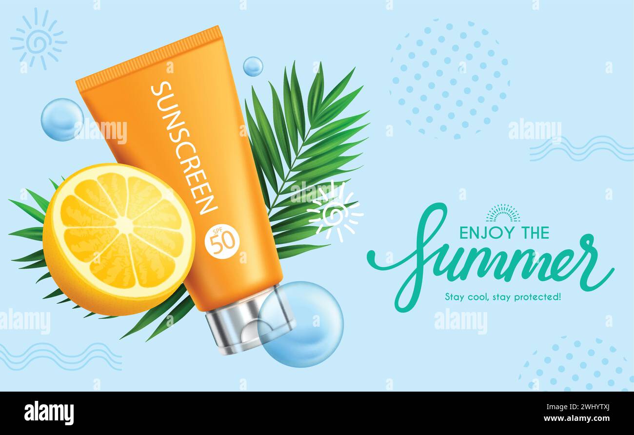 Summer sunscreen vector banner design. Summer sunblock lotion in orange ...