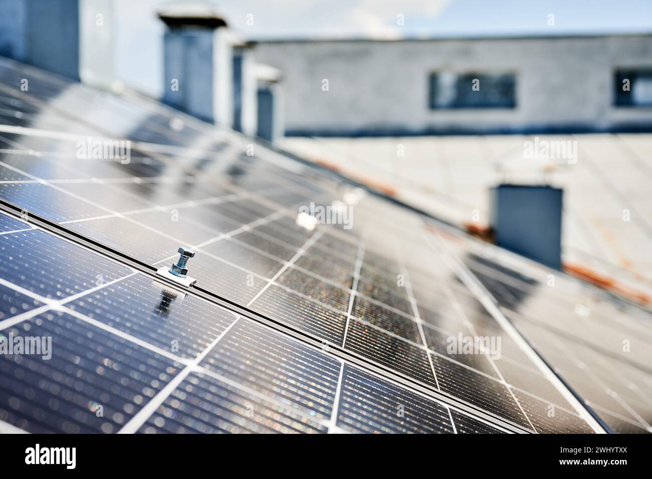 Close up of mounting hardware on solar panel, focusing on the details ...