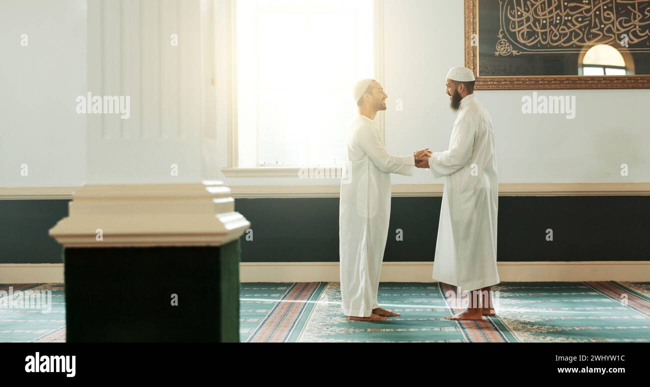 Muslim, handshake and people in mosque for greeting, conversation and ...