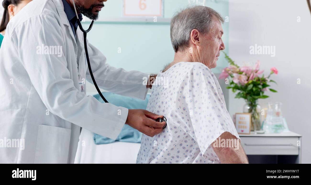 Doctor, patient and check lungs in hospital for elderly care of man ...