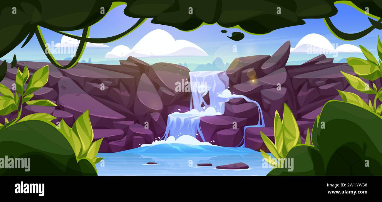 Summer tropical landscape with cascade waterfall in jungle with green trees, bushes and liana ...