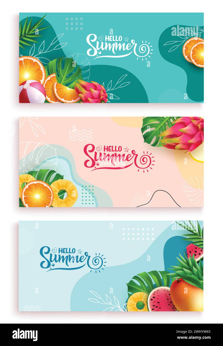 Summer hello text vector banner set. Hello summer greeting text with tropical fruits elements in ...