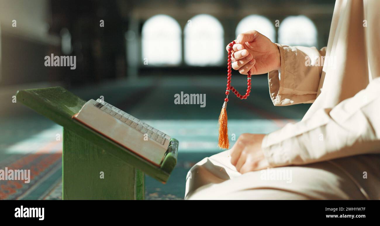 Islam, prayer beads and man in mosque with Quran, mindfulness and ...