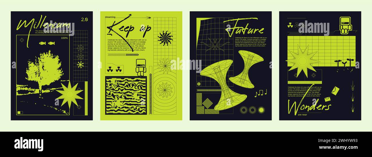 Black and green poster design template in retro y2k style with grid and ...