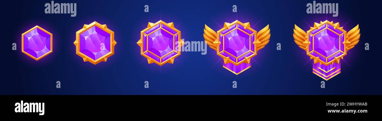 Process of golden badge with purple diamond evolution for game level ...
