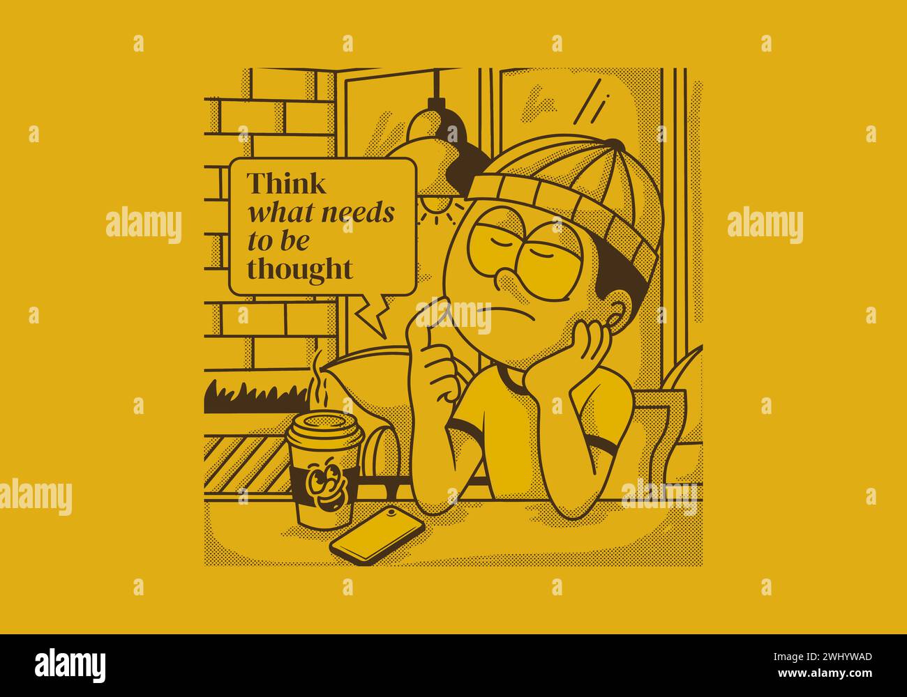 Think what needs to be thought. Vintage illustration of a boy in cafe ...