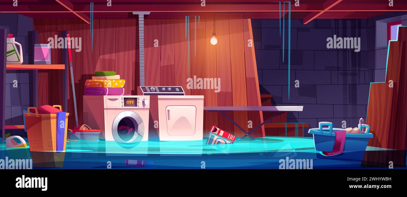 Flooded house basement room with damaged laundry equipment, boxes and ...