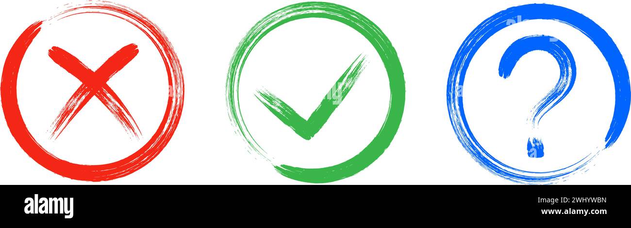 Dirty grunge cross x, tick OK and question check marks in check boxes ...