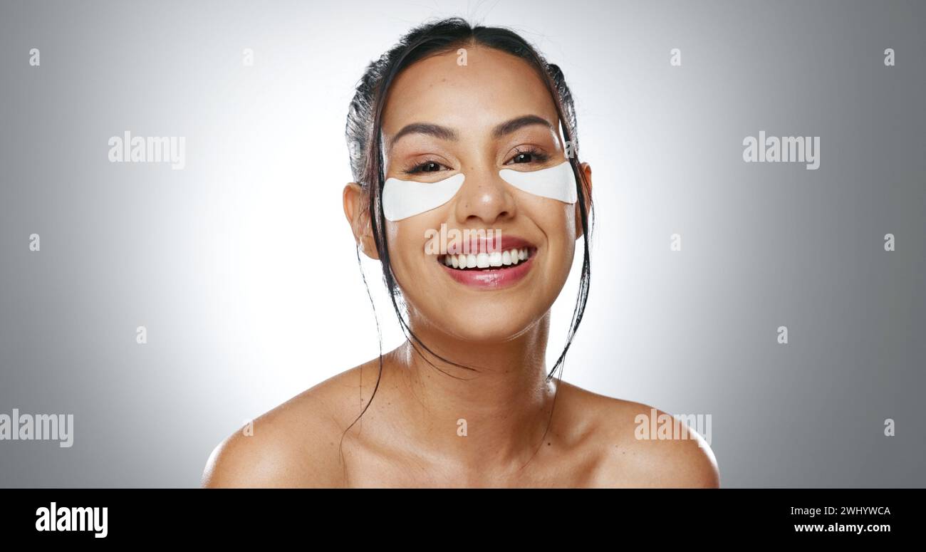 Face, eye patches and woman with skincare, cosmetics and dermatology on ...