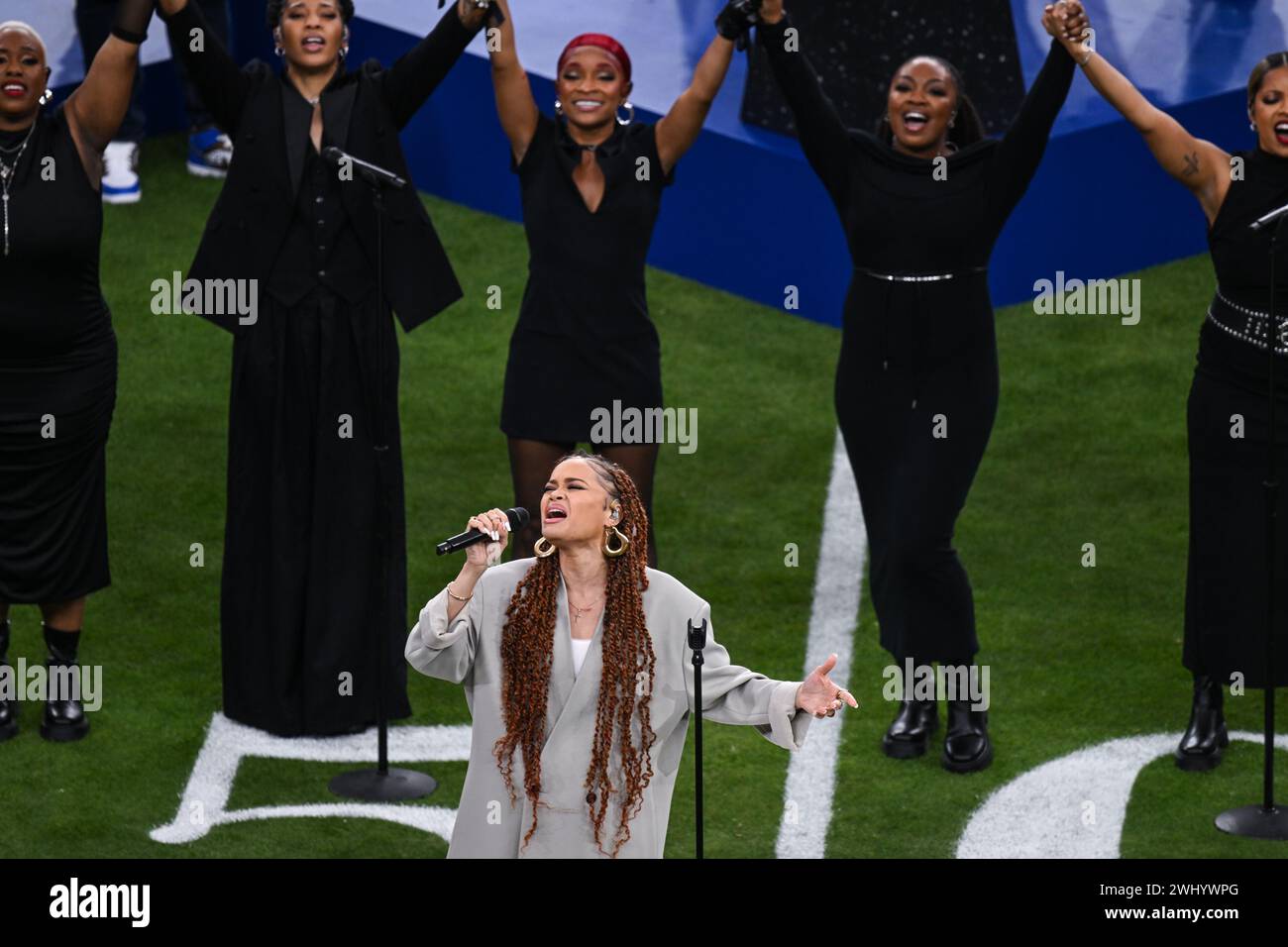 Andra Day during the pre-game ceremony ahead of Super Bowl LVIII ...