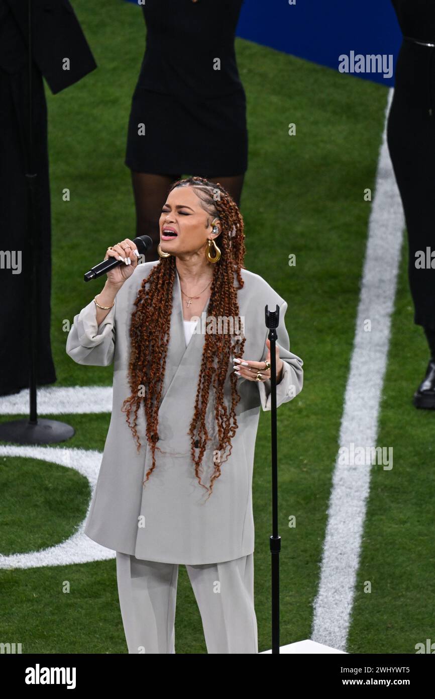 Andra Day during the pre-game ceremony ahead of Super Bowl LVIII ...