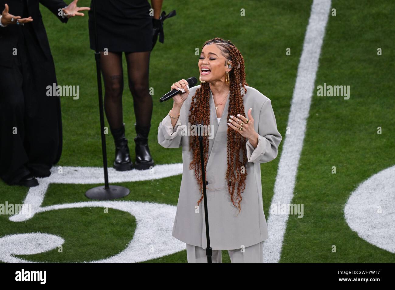 Andra Day during the pre-game ceremony ahead of Super Bowl LVIII ...