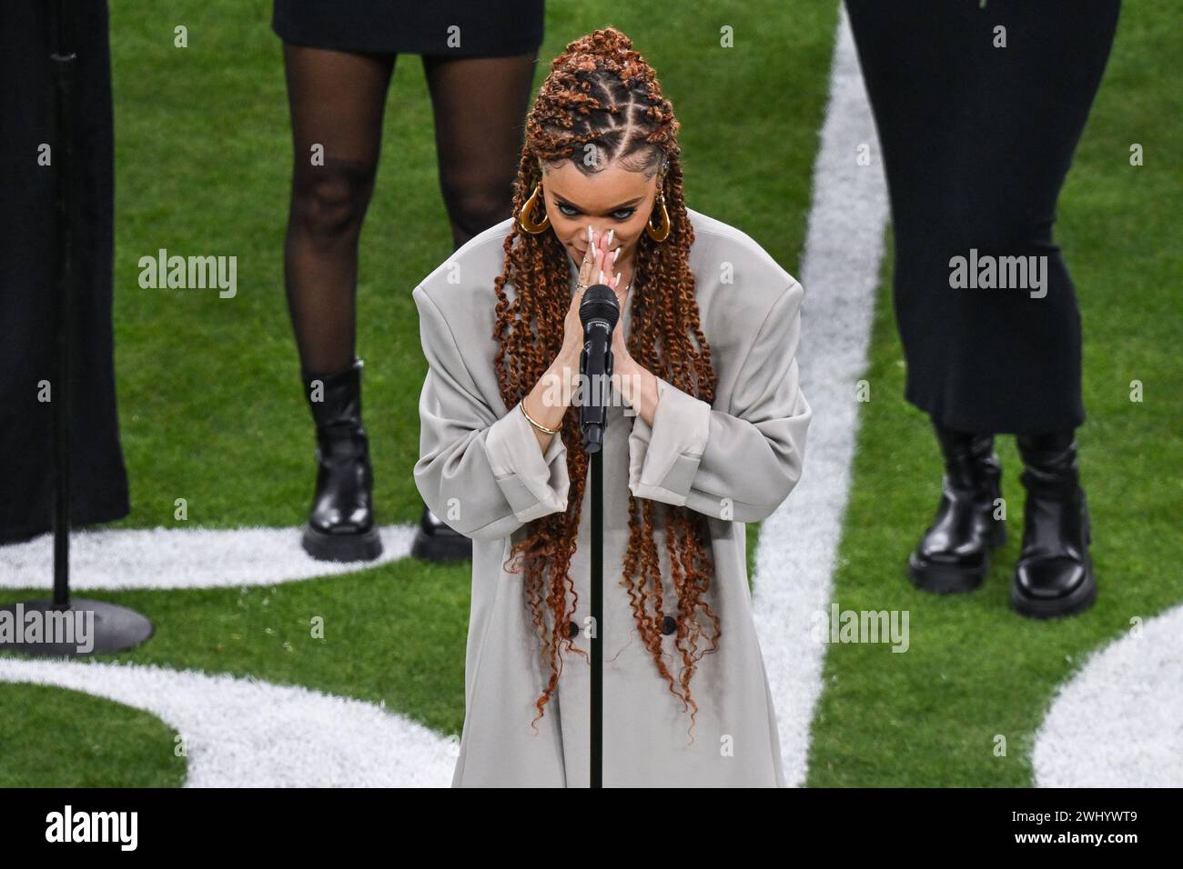 Andra Day during the pre-game ceremony ahead of Super Bowl LVIII ...