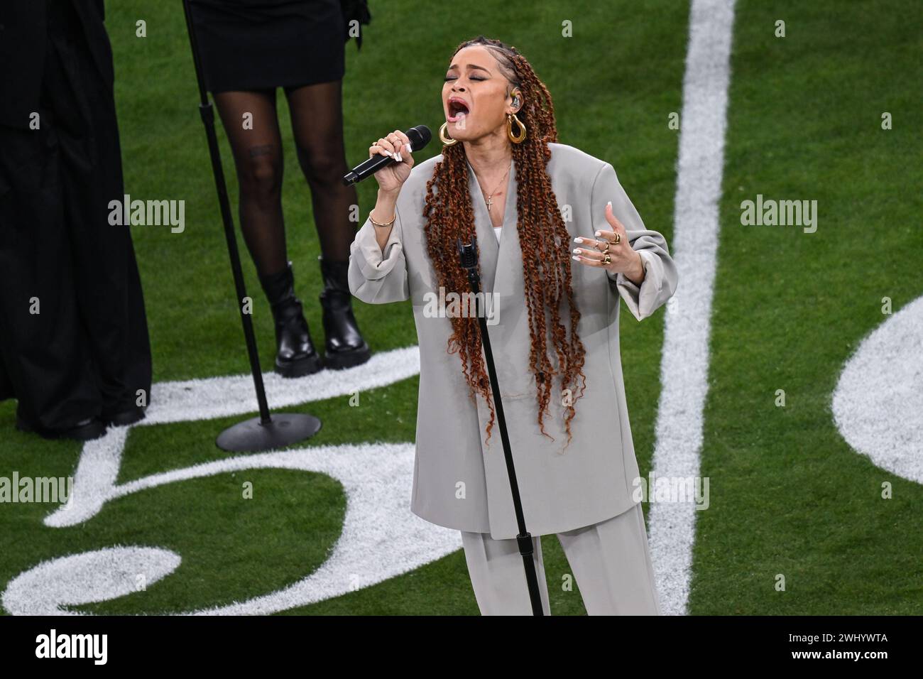 Andra Day during the pre-game ceremony ahead of Super Bowl LVIII ...