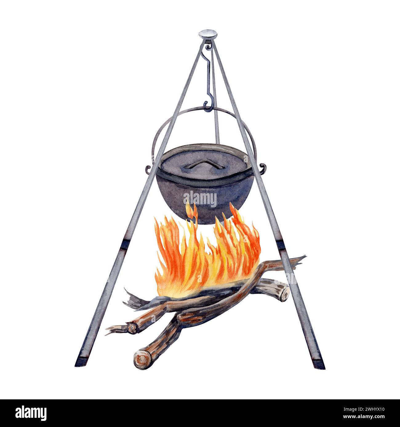Campfire and iron cooking pot on stand. Camping design element for ...