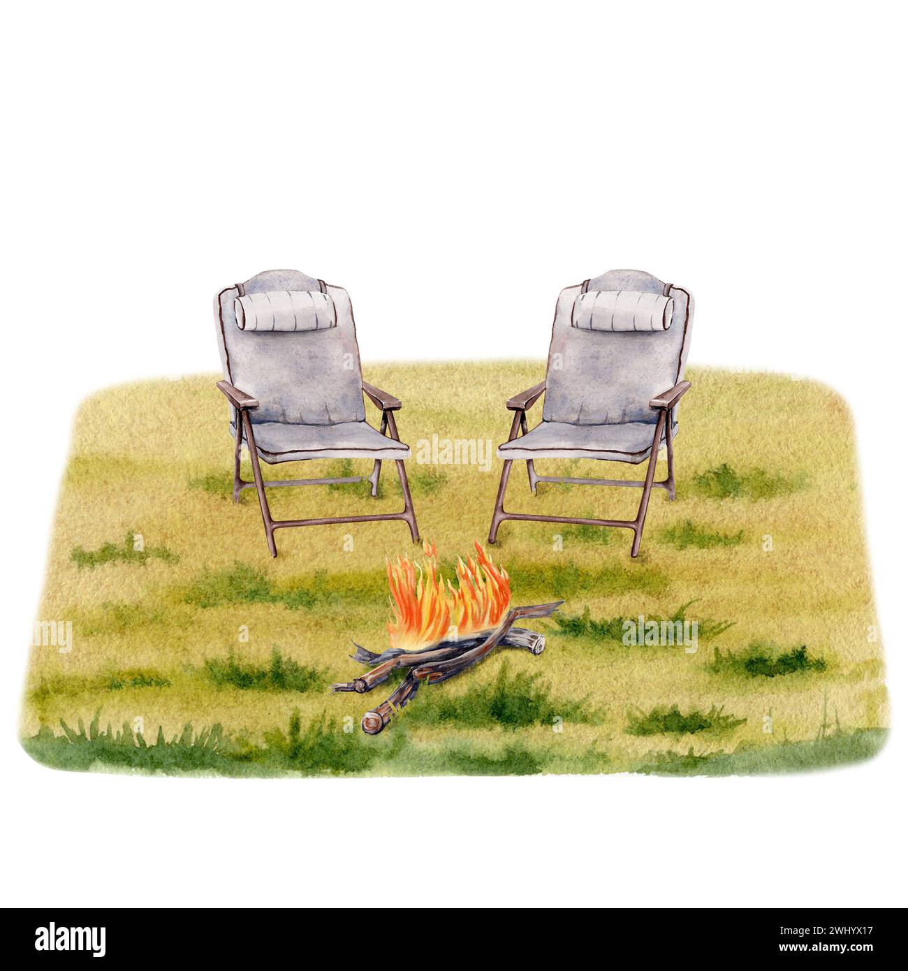 Camping composition of two folding chairs, campfire on grassy ...