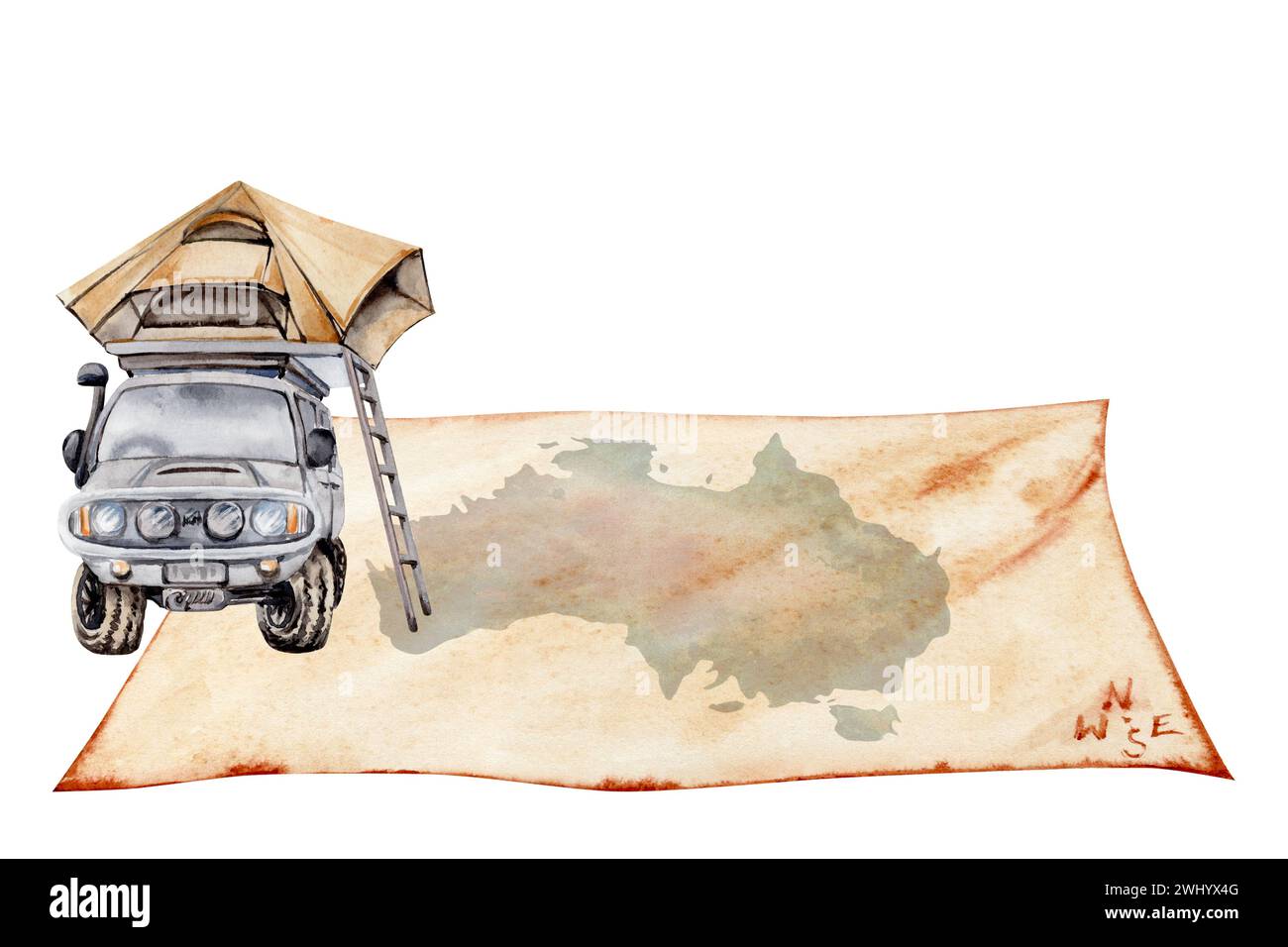 Touring composition with 4x4 off road car with roof top tent and ladder ...