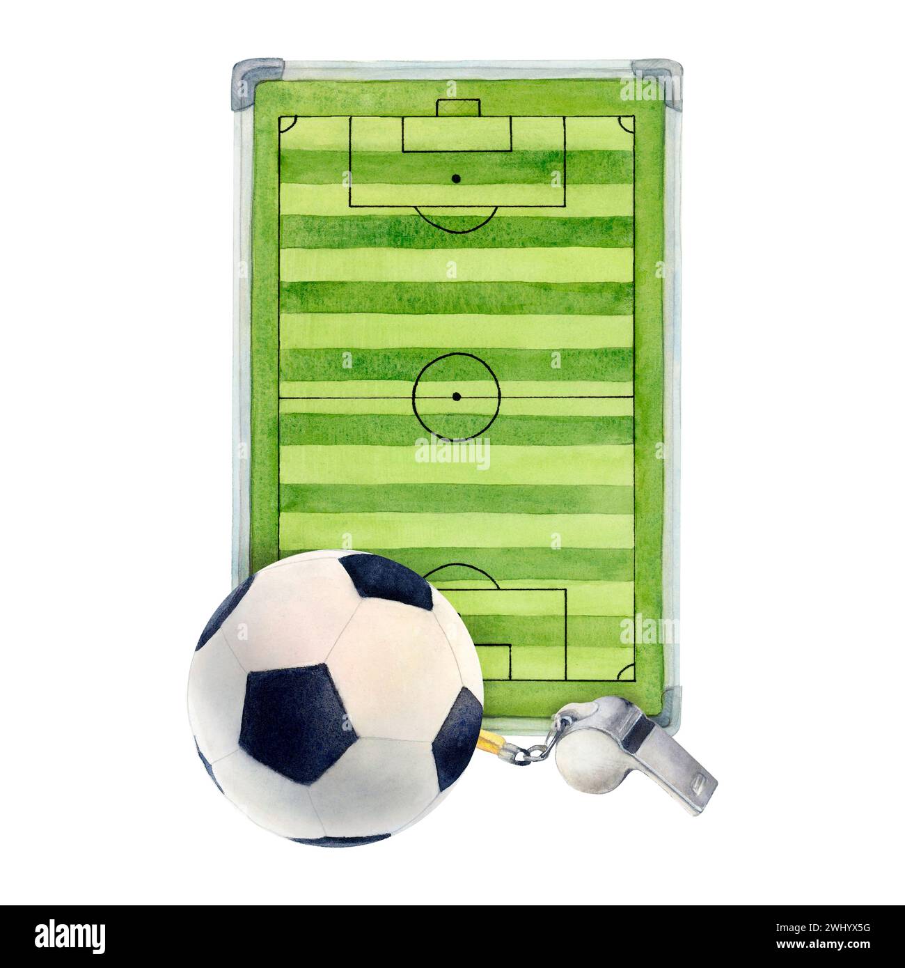 Soccer football field pitch watercolor drawing. Green line pentagon ...