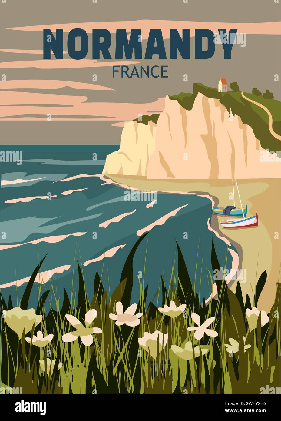 Travel poster Normandy France, vintage seascape rock cliff Stock Vector ...