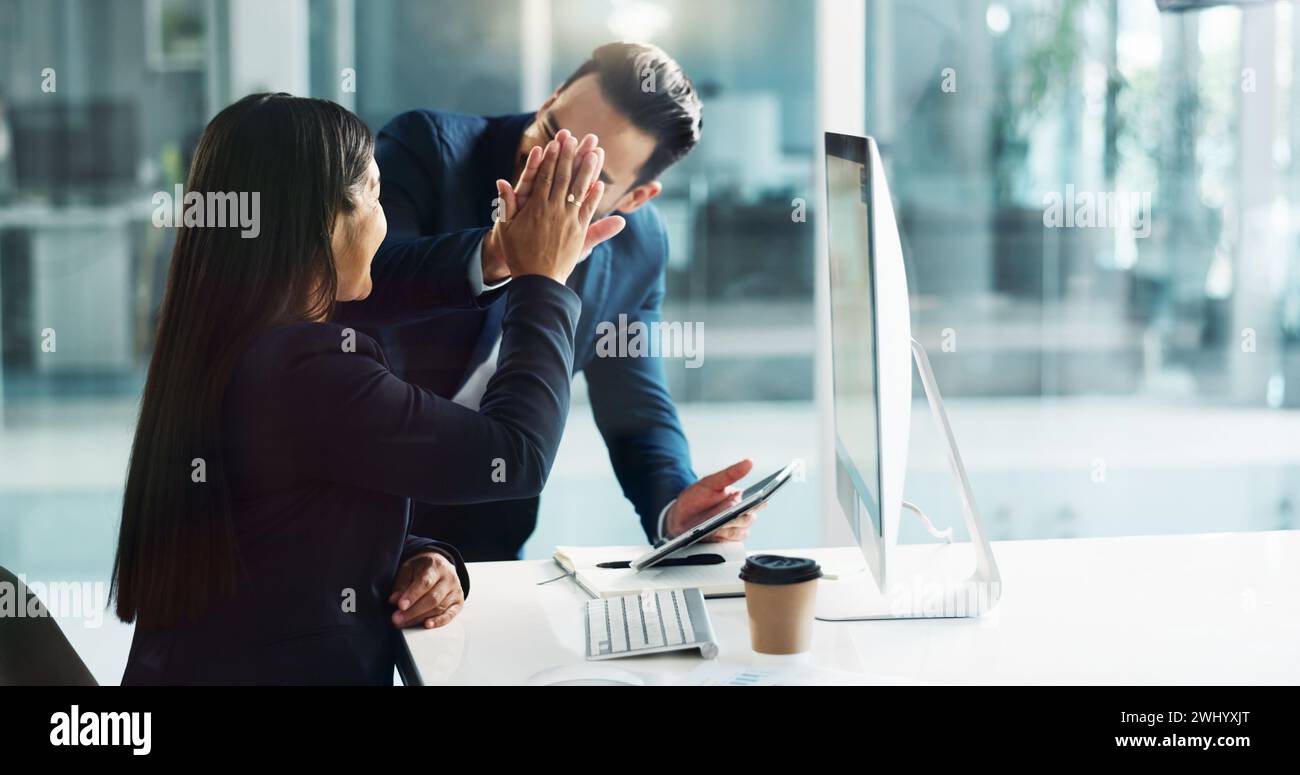 Business people, computer and high five for online results, success or ...