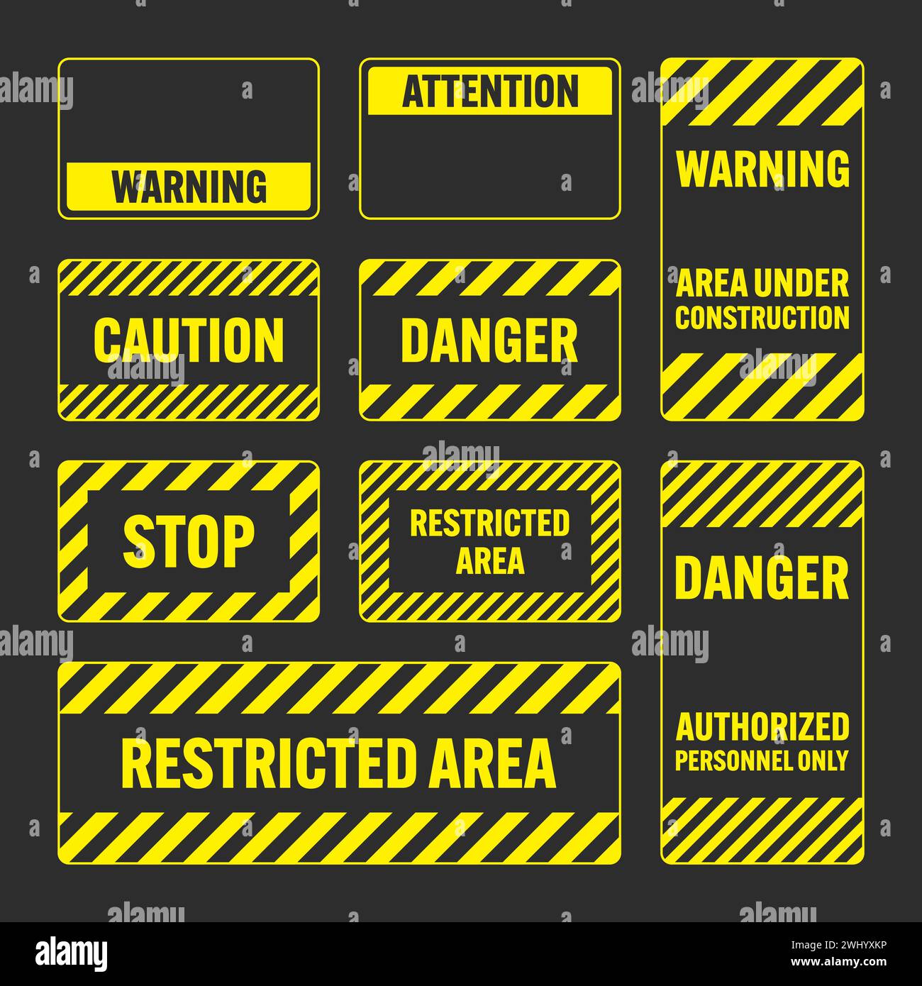 Various yellow warning signs with diagonal lines. Attention, danger or ...