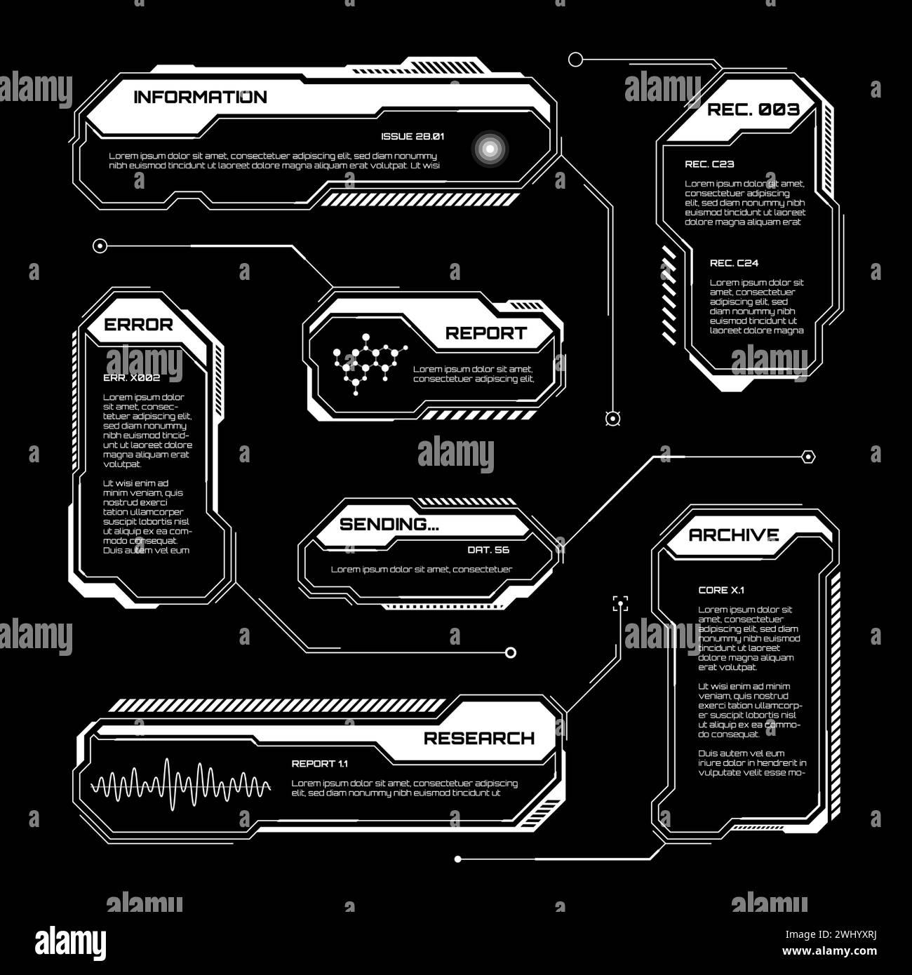 White futuristic HUD, UI elements. Sci-fi user interface text boxes, callouts. Warning message ...