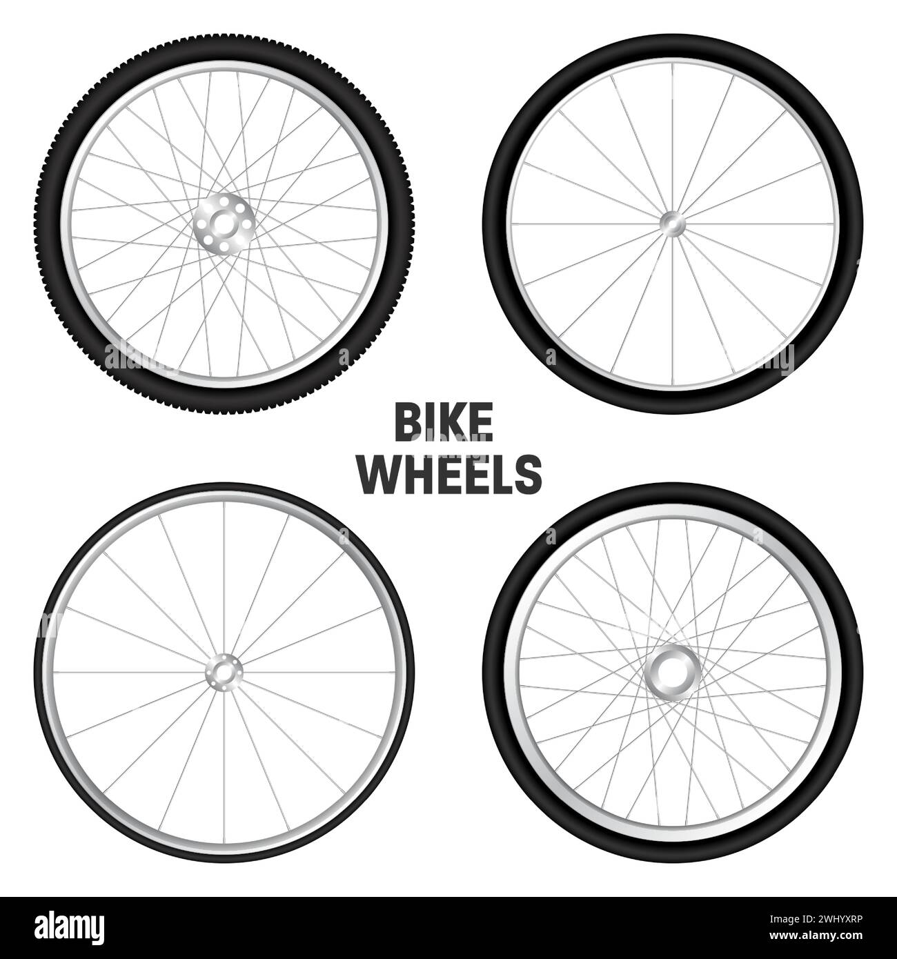 Realistic 3d bicycle wheels. Bike rubber tyres, shiny metal spokes and ...