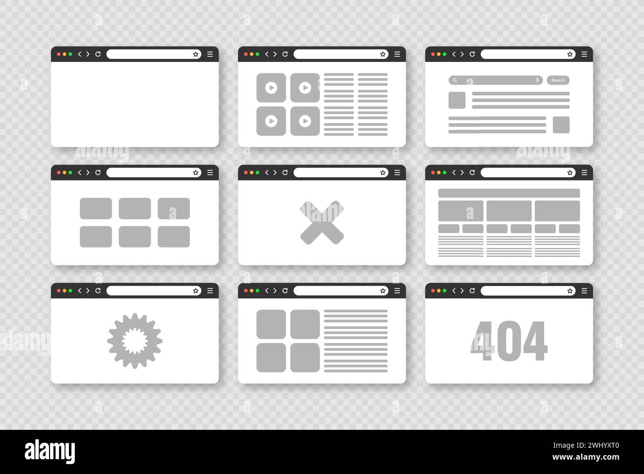 Web browser window, pages layout with toolbar and search field. Modern ...