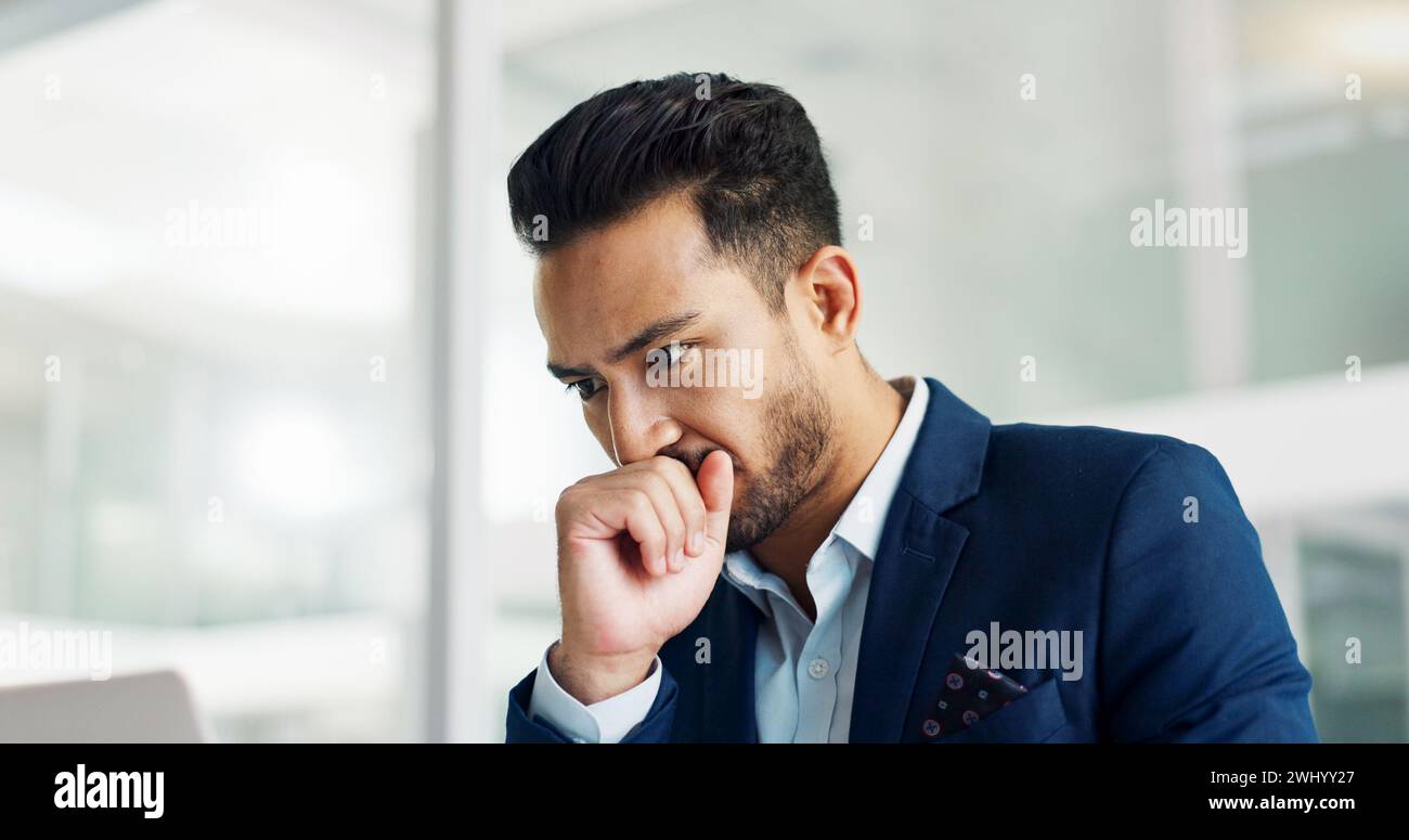 Business man, thinking and stress on computer for legal research, law ...