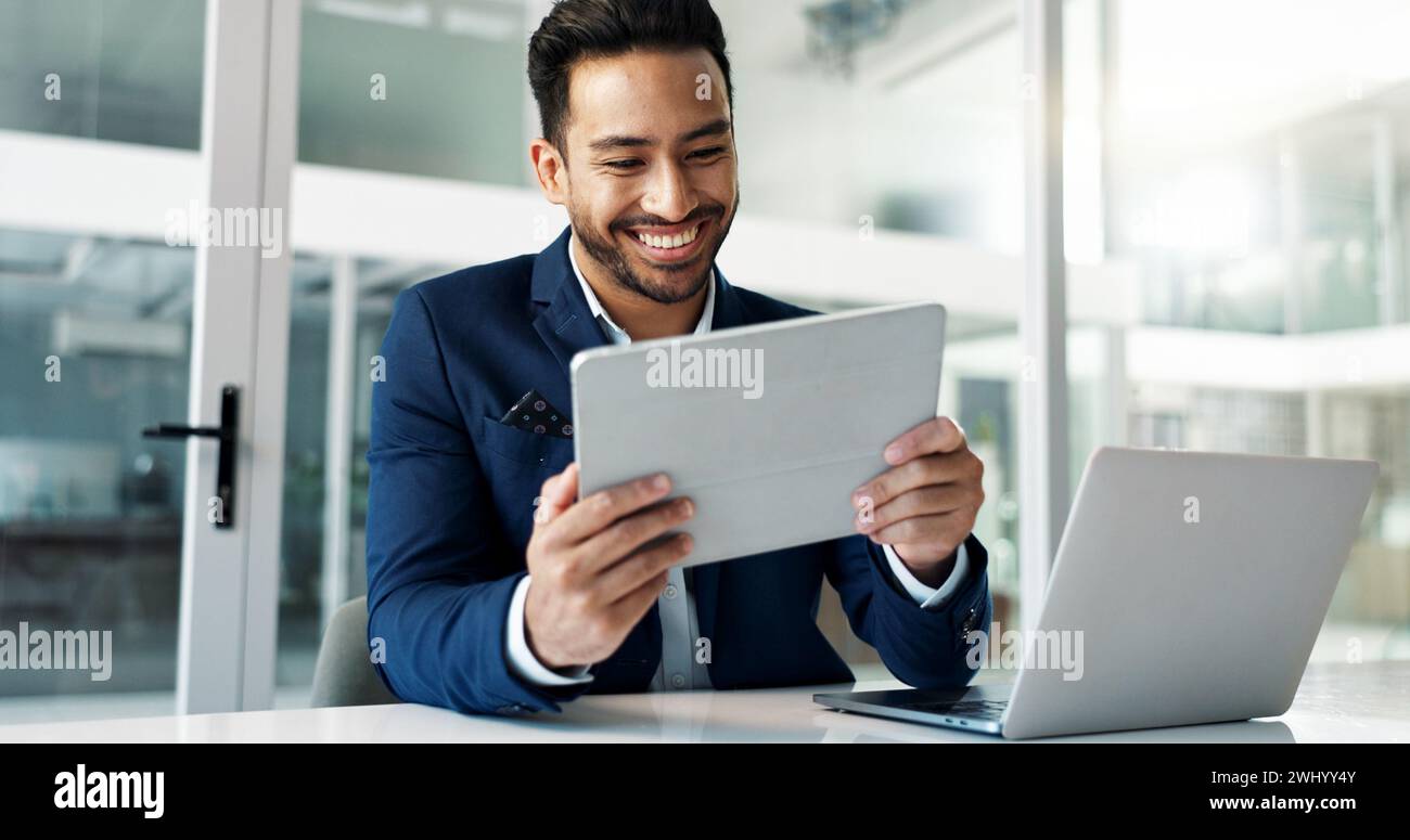 Business man, thinking of ideas and tablet for investment, email or ...