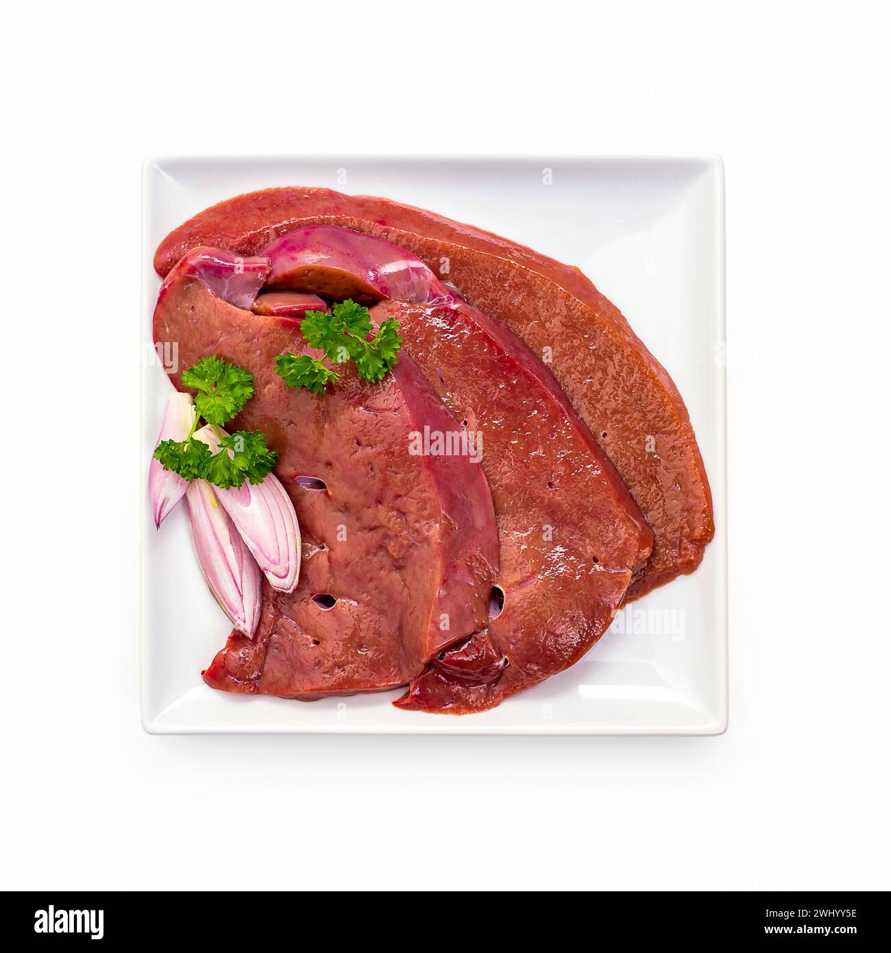 Fresh raw veal liver slices isolated, top view Stock Photo - Alamy